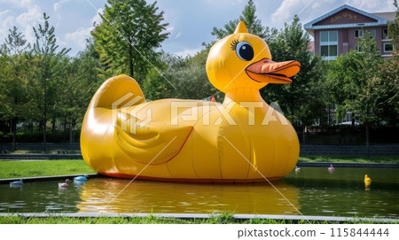 Giant Inflatable Yellow Duck Floating on Pond... - Stock Illustration ...