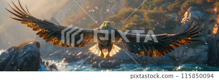 Bald Eagle Soaring Above Ocean Waves at Sunset - Stock Illustration ...