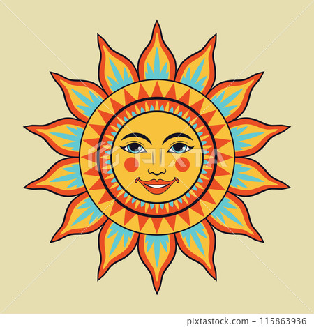 Decorative sun with female face - Stock Illustration [115863936] - PIXTA