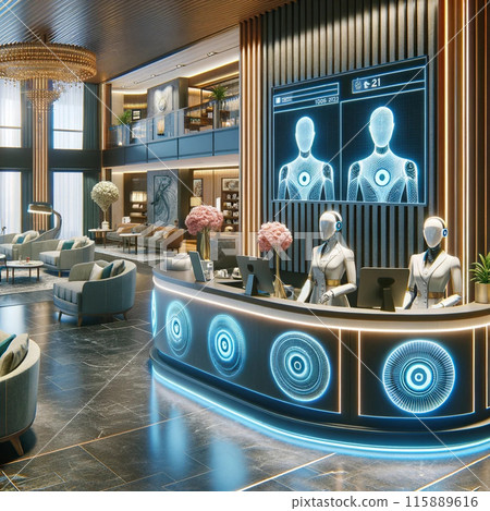 Future hotel front desk AI unmanned - Stock Illustration [115889616 ...