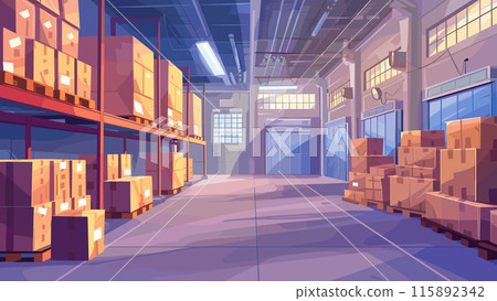 Cartoon modern logistics warehouse background.... - Stock Illustration ...