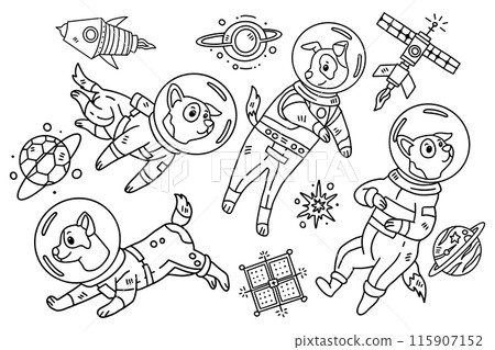 A series of cartoon drawings of dogs in space... - Stock Illustration ...
