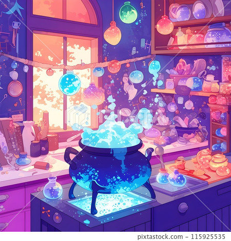 Colorful enchanted laboratory with glowing... - Stock Illustration ...