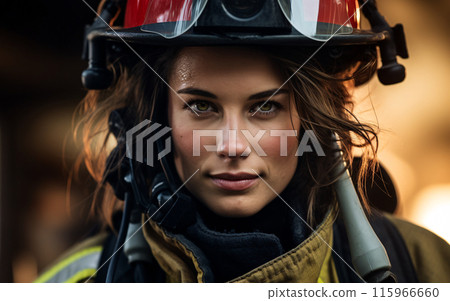 Portrait of a female firefighter in a helmet...-插圖素材 [115966660] - PIXTA圖庫