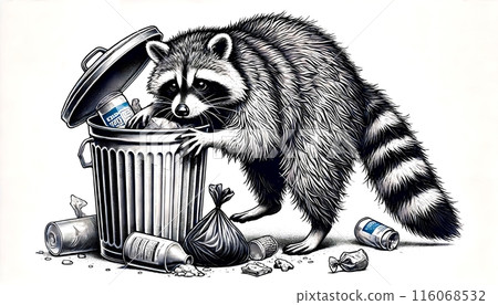Illustration of a raccoon rummaging through trash - Stock Illustration ...