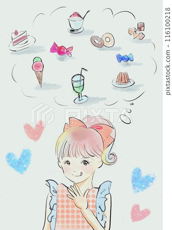 A girl thinking about delicious sweets - Stock Illustration [116100218 ...