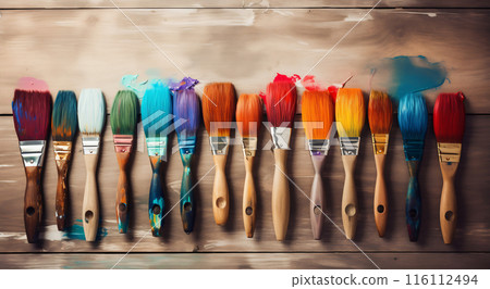 Paintbrush Parade on Wooden Backdrop - Stock Illustration [116112494 ...