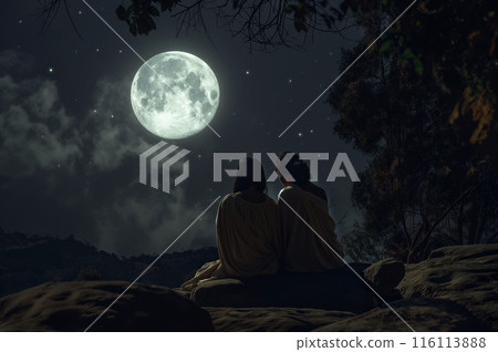 Ancient people looking up at the full moon - Stock Illustration ...