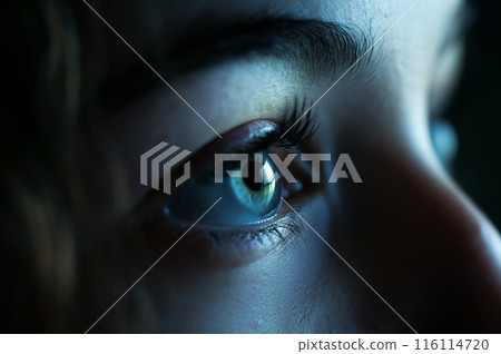 Woman's eyes staring at a bright screen in the... - Stock Illustration ...