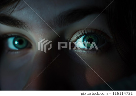 Woman's eyes staring at a bright screen in the... - Stock Illustration ...
