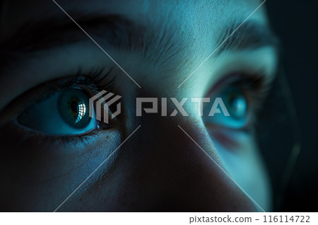 Woman's eyes staring at a bright screen in the... - Stock Illustration ...