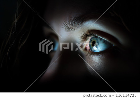 Woman's eyes staring at a bright screen in the... - Stock Illustration ...
