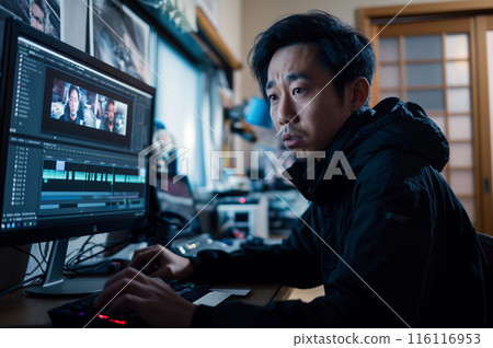 Japanese male editor editing video - Stock Illustration [116116953] - PIXTA