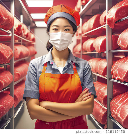 CG material: Meat processing - Image of a woman... - Stock Illustration ...