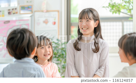 Elementary school students and staff talking at... - Stock Illustration ...