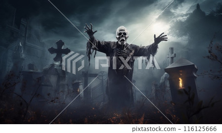Undead figure rising from graveyard at night.... - Stock Illustration ...