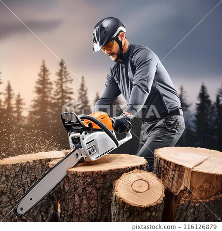 Man cutting down trees with a chainsaw - Stock Illustration [116126879 ...
