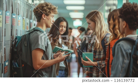 Diverse group of students exchanging books at... - Stock Illustration ...