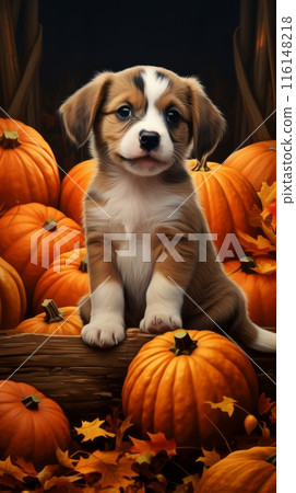 In a rustic autumn setting, a precious puppy... - Stock Illustration ...