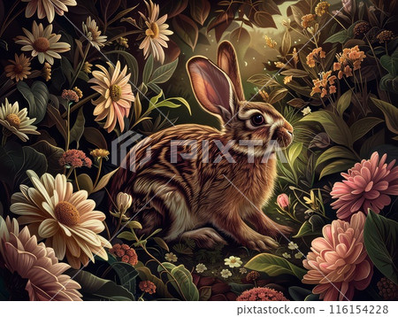 Lively Rabbit Explores Abundance of Floral Beauty - Stock Illustration ...