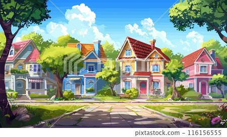 Neighborhood With Cute Colorful Houses Cartoon... - Stock Illustration ...