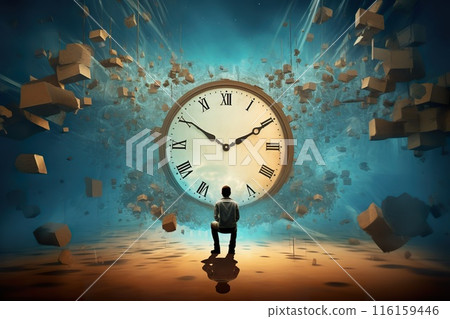 man standing in front of big clock, time... - Stock Illustration ...