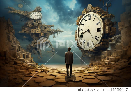 man standing in front of big clock, time... - Stock Illustration ...