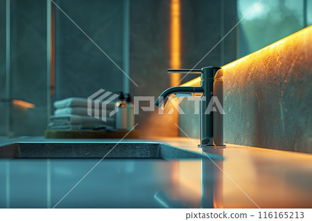Modern faucet in the bathroom. 3d render... - Stock Illustration ...