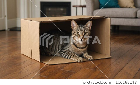 A cat crawling into a cardboard box in the... - Stock Illustration ...