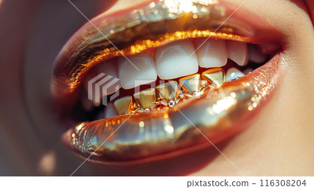 Dazzling smile with golden grillz jewelry on... - Stock Illustration ...