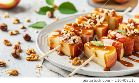 Sweet Caramel-Dipped Apple Slices on Skewers... - Stock Illustration ...