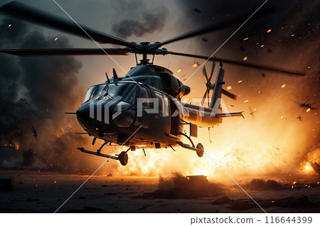 Helicopter escaping a fiery explosion in... - Stock Illustration ...