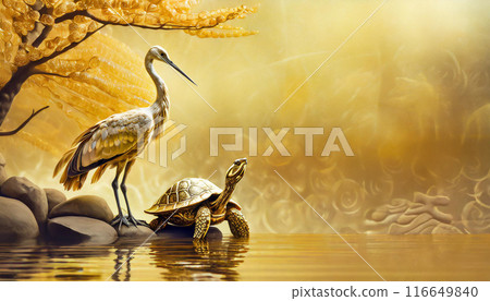 Crane and turtle, symbols of longevity and New... - Stock Illustration ...