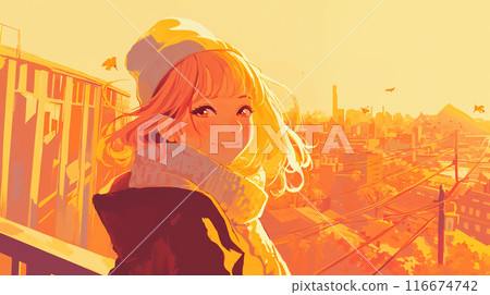 Woman lit by the setting sun - Stock Illustration [116674742] - PIXTA