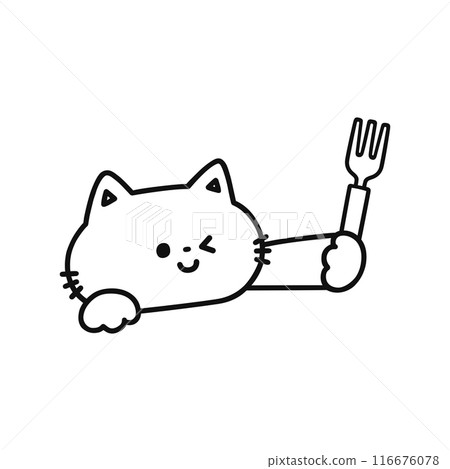 Cute cat holding a fork - line drawing - Stock Illustration [116676078 ...