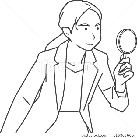 A female employee looking through a magnifying... - Stock Illustration ...
