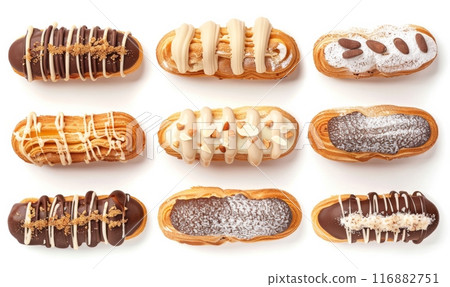 Assortment of eclairs pastry on white background - Stock Illustration ...