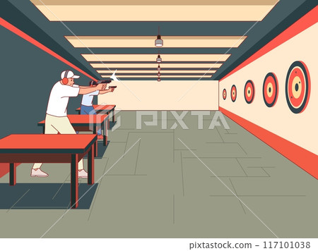 Shooting training. People in shooting range aim... - Stock Illustration ...