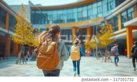 back view of schoolgirl with backpack running... - Stock Illustration ...
