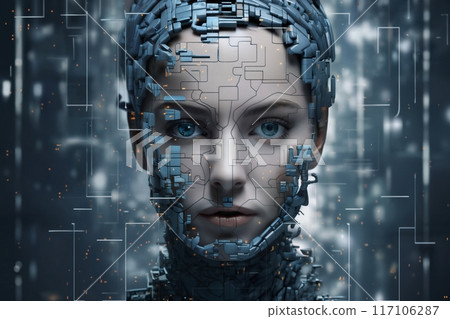 face of female android bio robot, close... - Stock Illustration ...