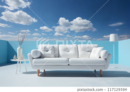 a white sofa on a blue sky background with clouds - Stock Illustration ...