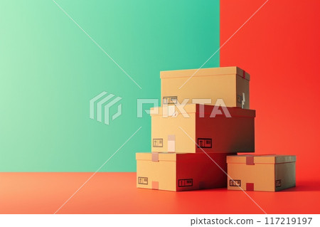 A stack of colorful boxes on a table with... - Stock Illustration ...