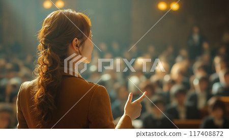 Woman giving a lecture at a seminar - Stock Illustration [117408872 ...