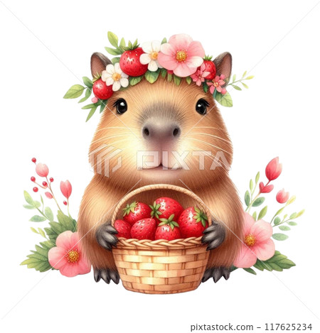 Cute Capybara holding a basket of strawberries - Stock Illustration ...