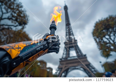 Bionic futuristic hand holding Olympic torch... - Stock Illustration ...