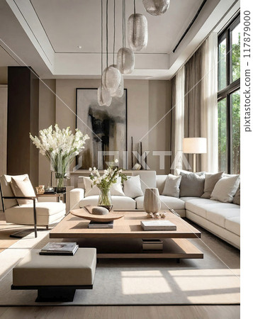 Large modern living room with beige luxury sofa. Stock Illustration 117879000 PIXTA