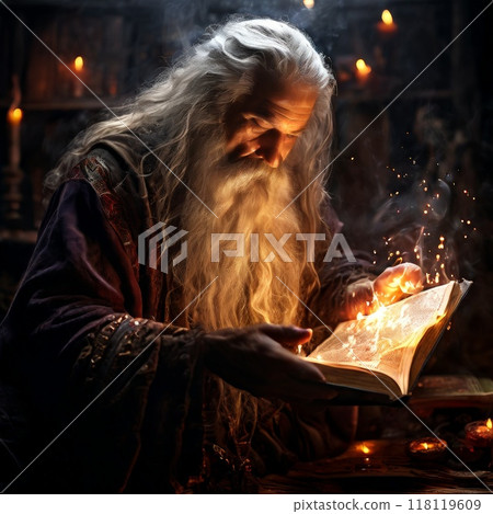 Wise old wizard reading an ancient magical book... - Stock Illustration ...