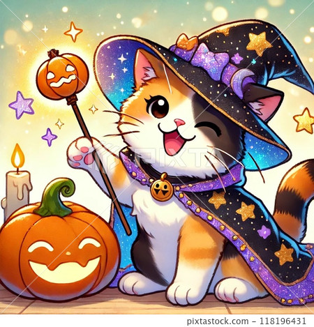 Halloween anime-style illustration: Calico cat... - Stock Illustration ...