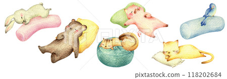 Animals sleeping on pillows Set 1 Hand-drawn... - Stock Illustration ...