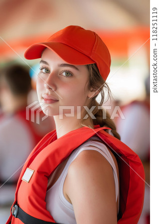 Portrait of a young female lifeguard with a... - Stock Illustration ...
